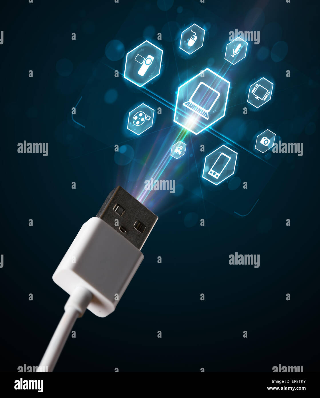 Electric cable with multimedia icons Stock Photo - Alamy