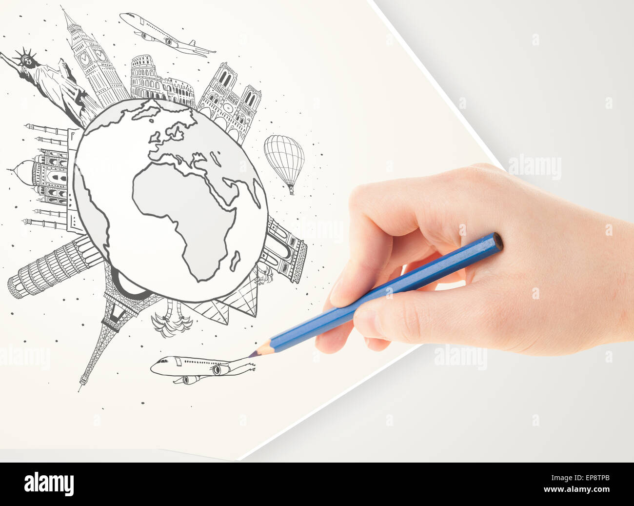 Hand drawing vacation trip around the earth with landmarks and cities ...
