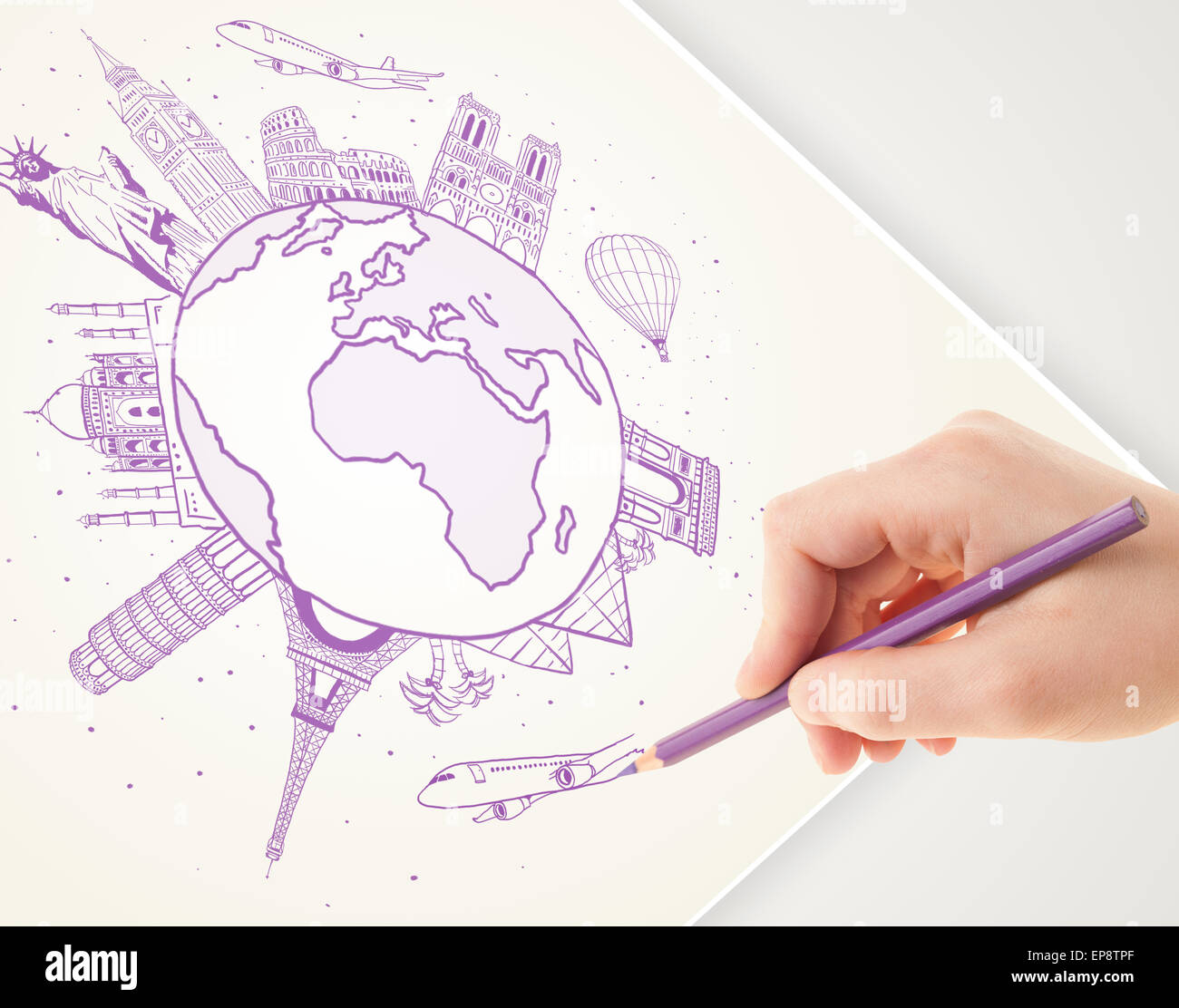 Hand drawing vacation trip around the earth with landmarks and cities ...