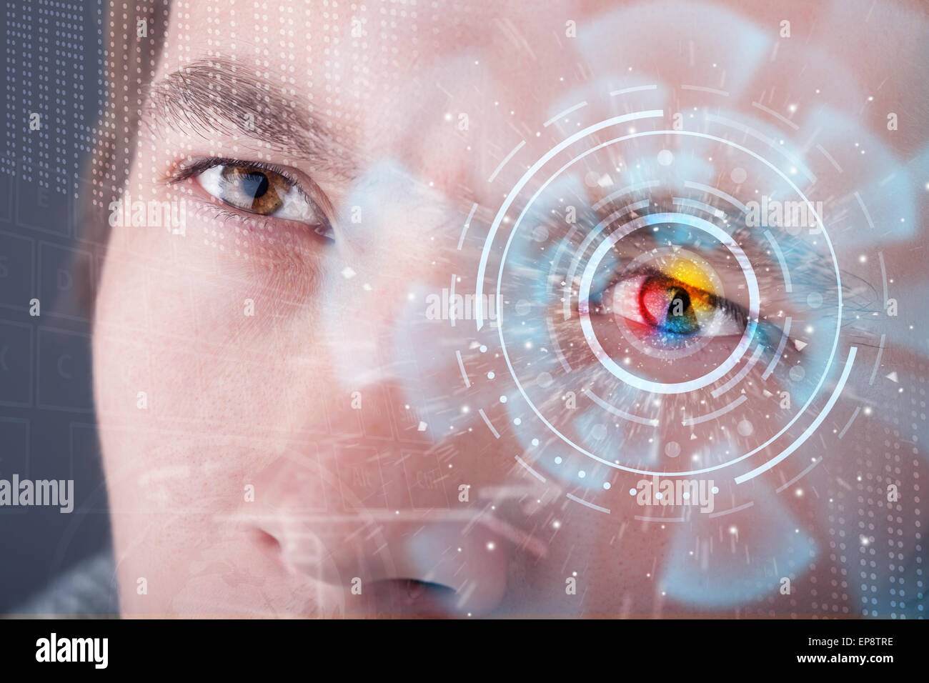 Futuristic modern cyber man with technology screen eye panel Stock ...