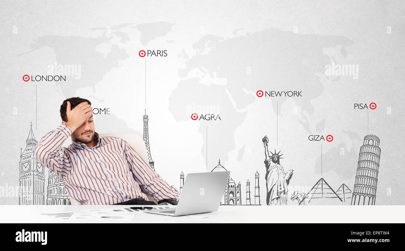 Businessman with world map and major landmarks of the world Stock Photo ...
