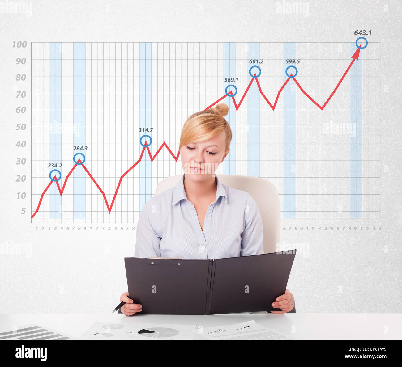 Young businesswoman calculating stock market with rising graph in the ...