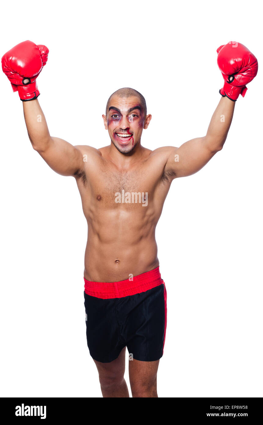 Badly beaten boxer isolated on white Stock Photo - Alamy