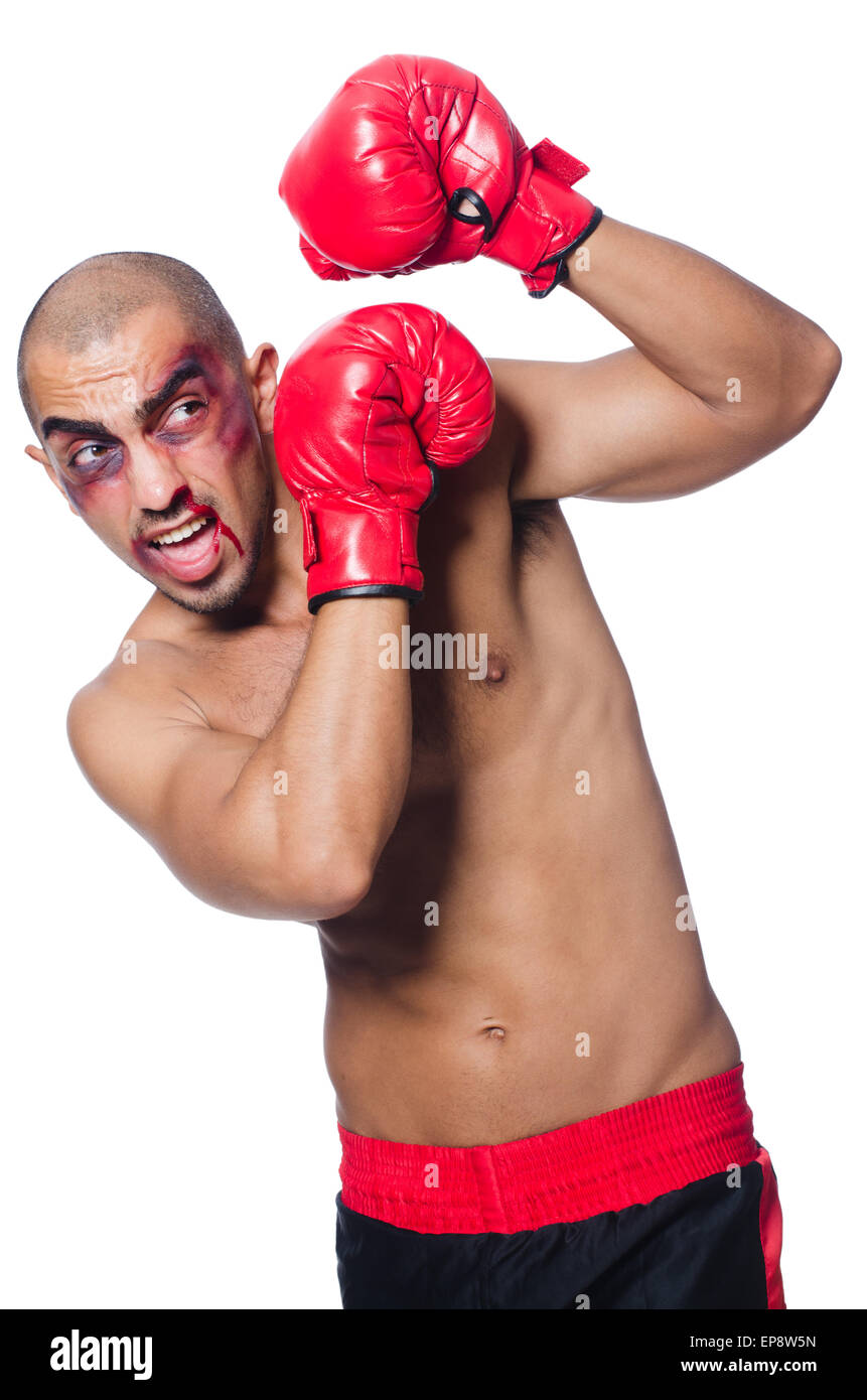 Badly beaten boxer isolated on white Stock Photo - Alamy