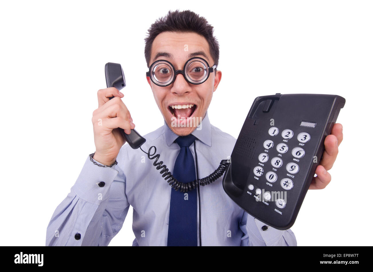 Crazy man with phone on white Stock Photo - Alamy