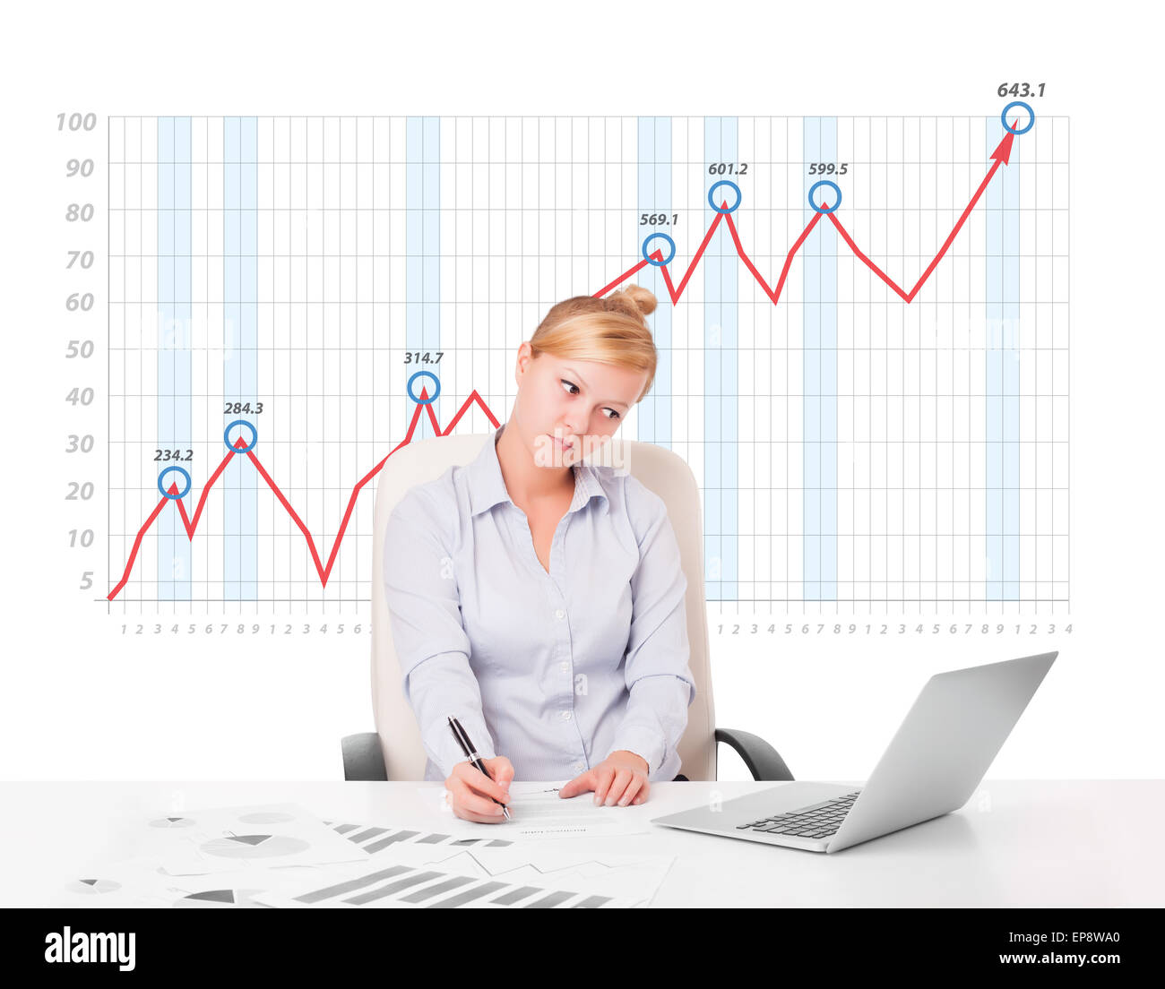 Young businesswoman calculating stock market with rising graph in the ...