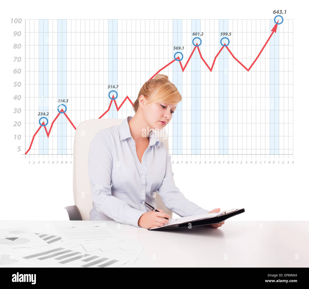 Young businesswoman calculating stock market with rising graph in the ...