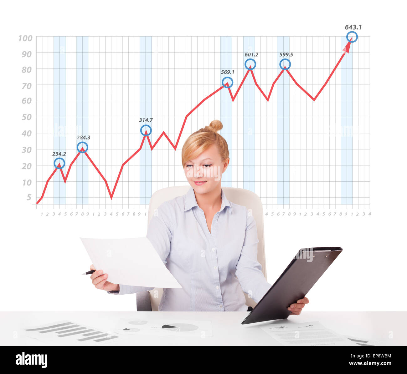 Young businesswoman calculating stock market with rising graph in the ...