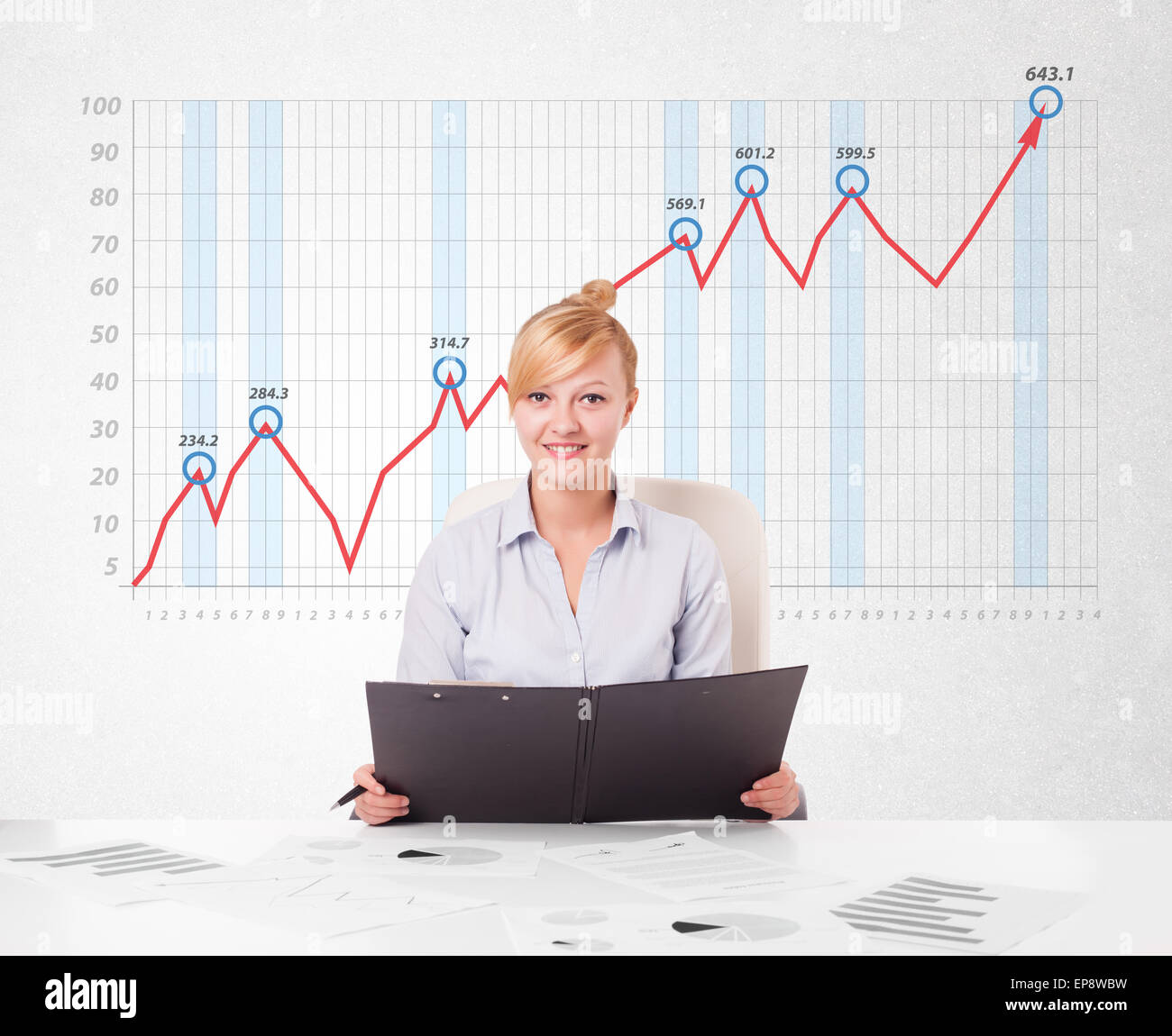 Young businesswoman calculating stock market with rising graph in the ...