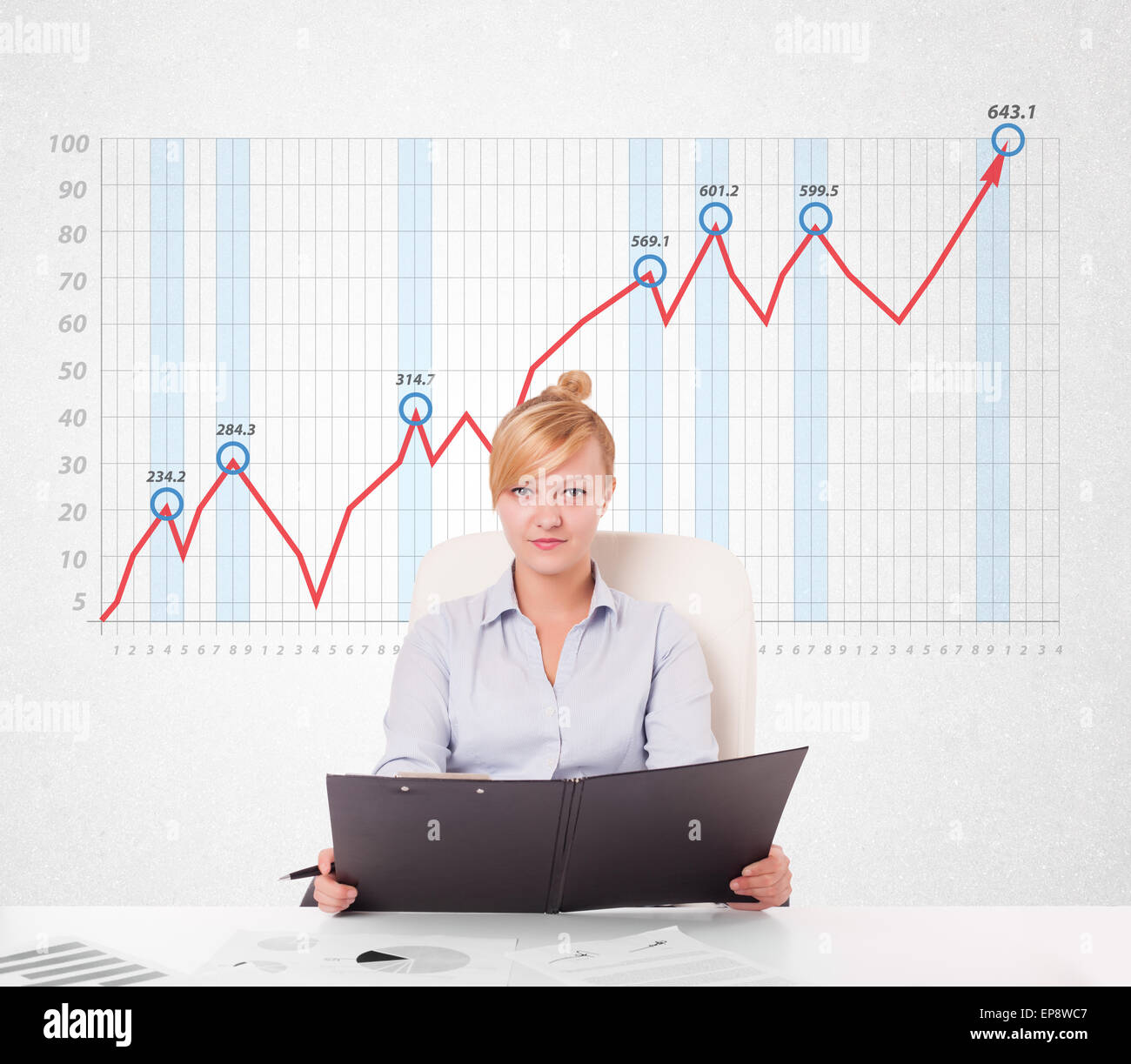 Young businesswoman calculating stock market with rising graph in the ...