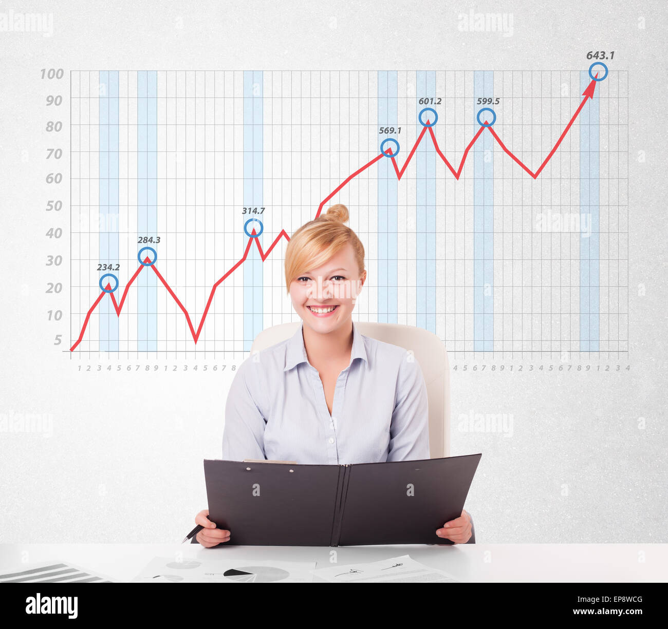 Young businesswoman calculating stock market with rising graph in the ...