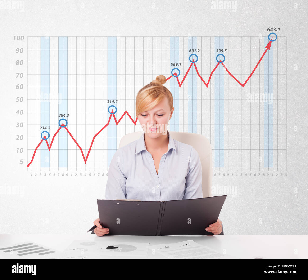 Young businesswoman calculating stock market with rising graph in the ...