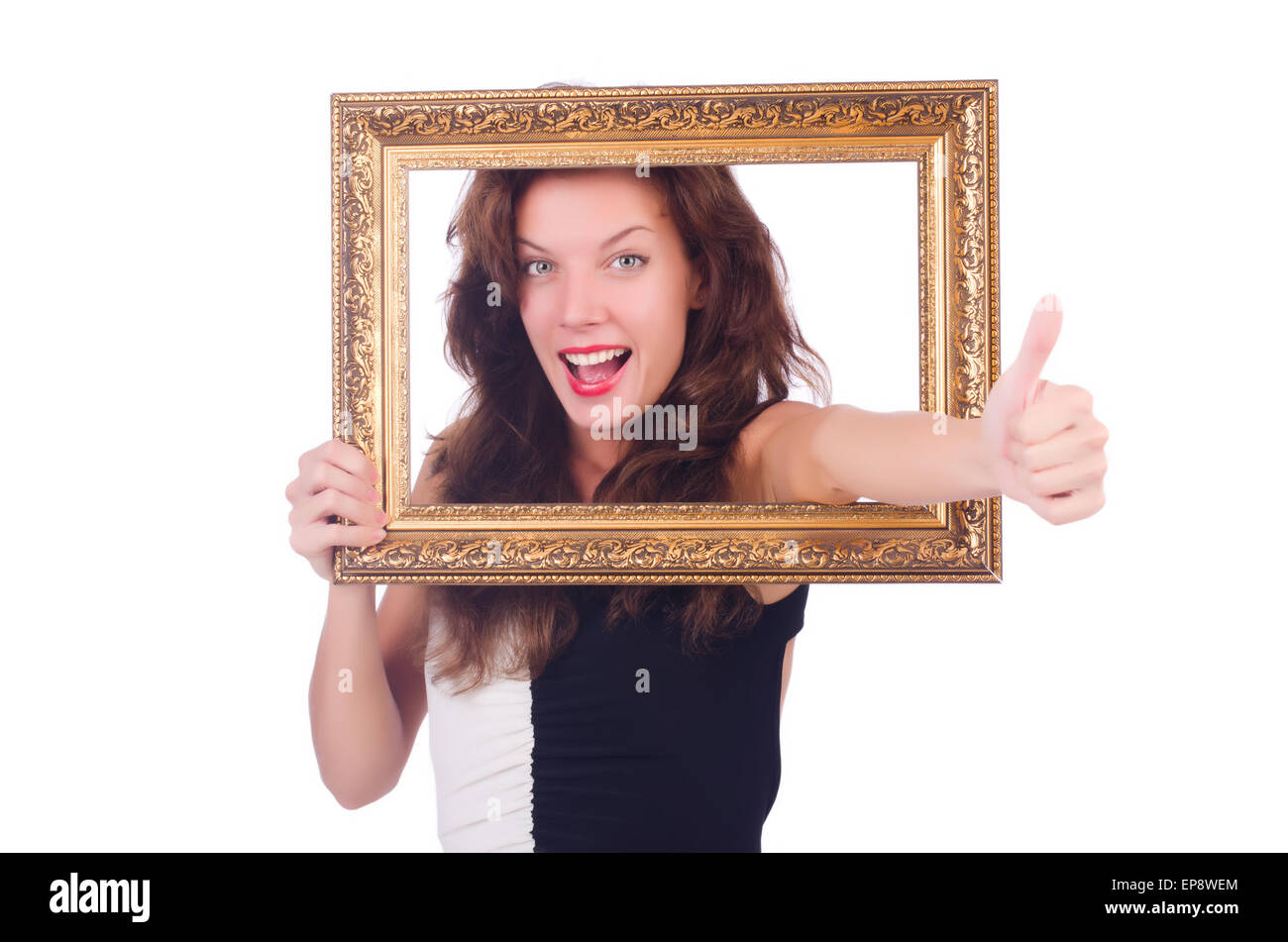 Woman with picture frame on white Stock Photo - Alamy