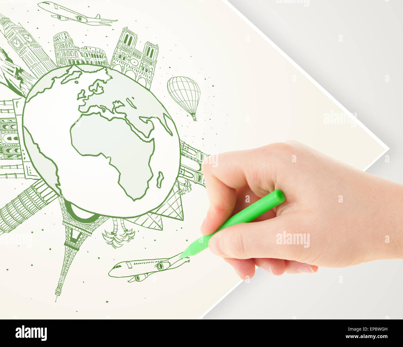 Hand drawing vacation trip around the earth with landmarks and cities ...