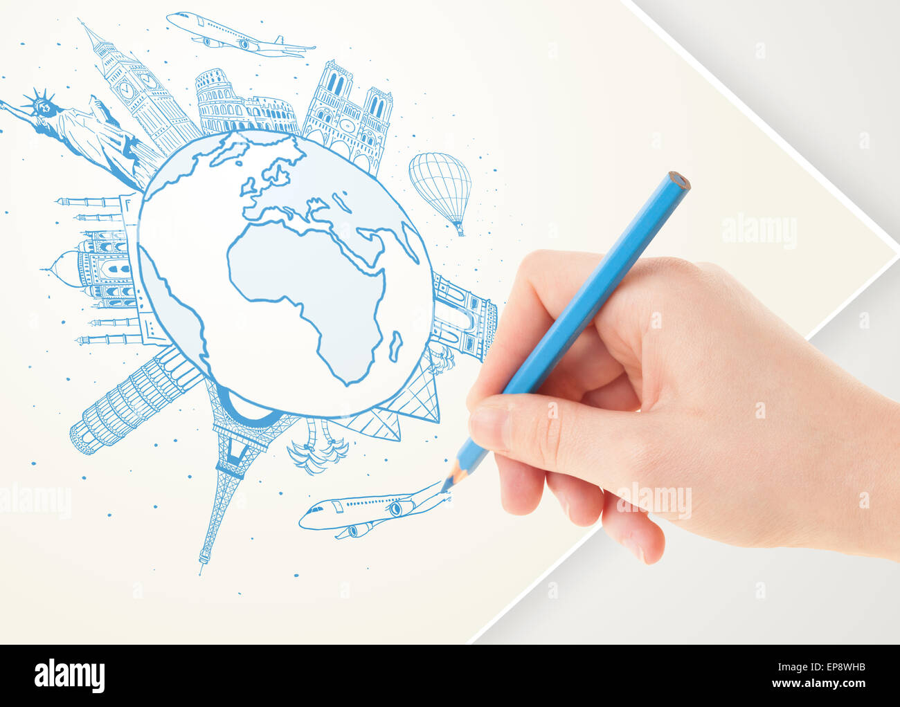 Hand drawing vacation trip around the earth with landmarks and cities ...