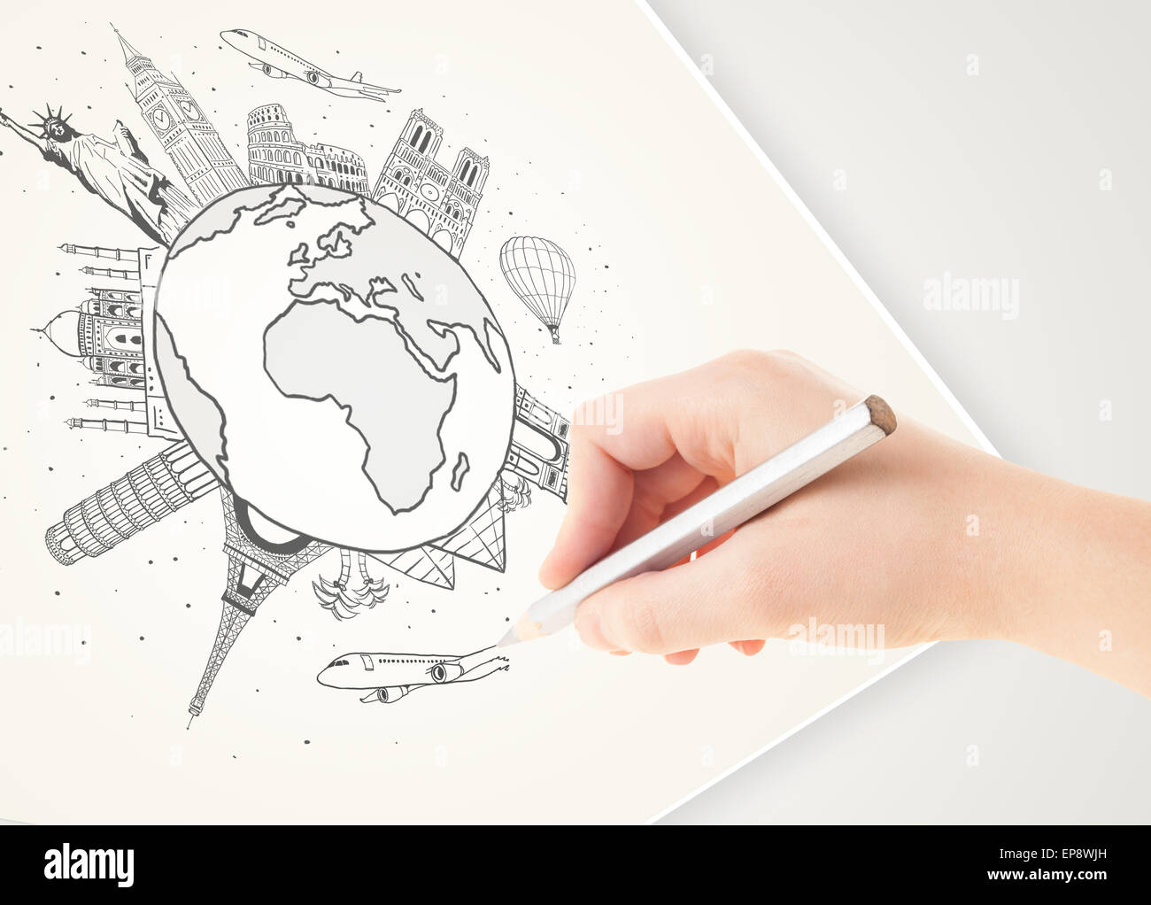 Hand drawing vacation trip around the earth with landmarks and cities ...