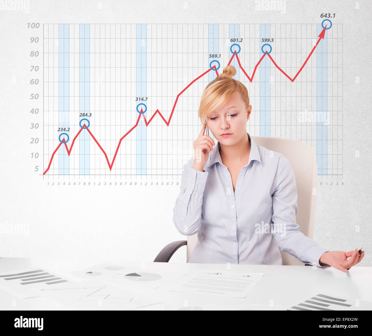 Young businesswoman calculating stock market with rising graph in the ...
