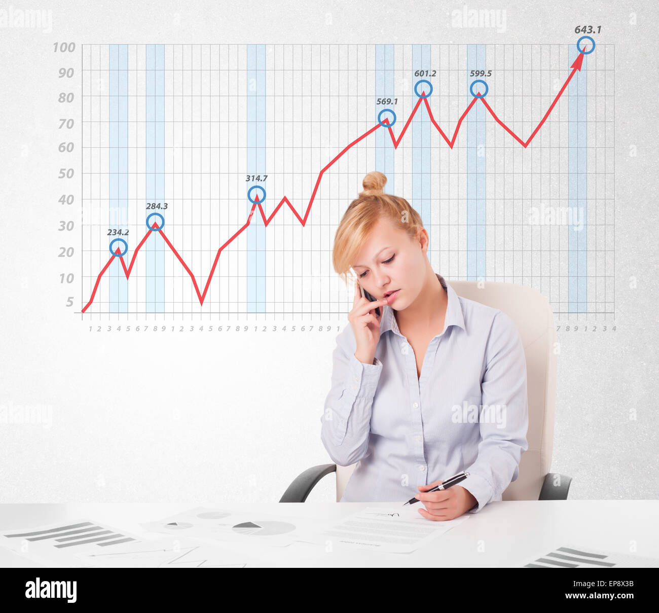 Young businesswoman calculating stock market with rising graph in the ...
