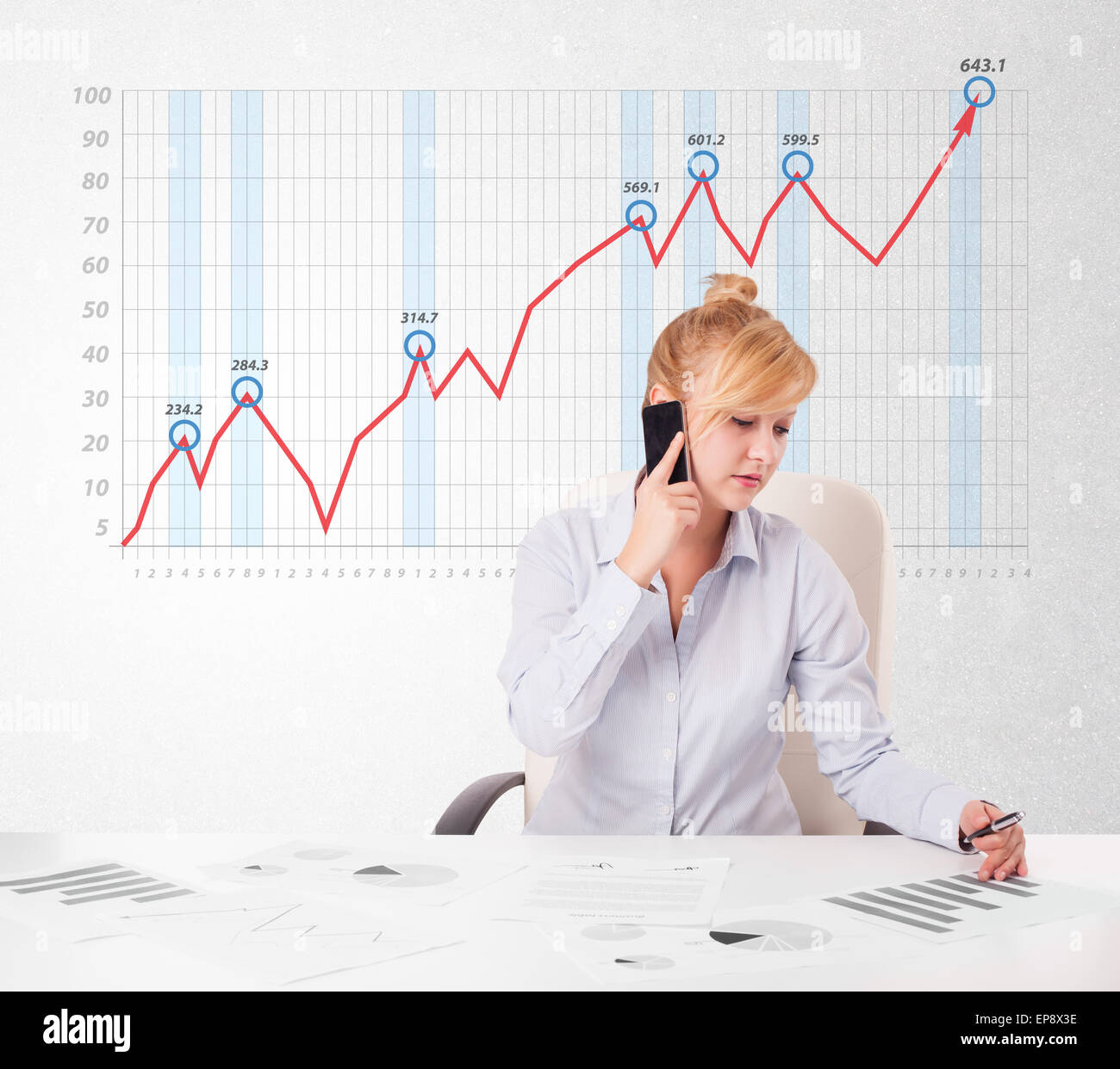 Young businesswoman calculating stock market with rising graph in the ...