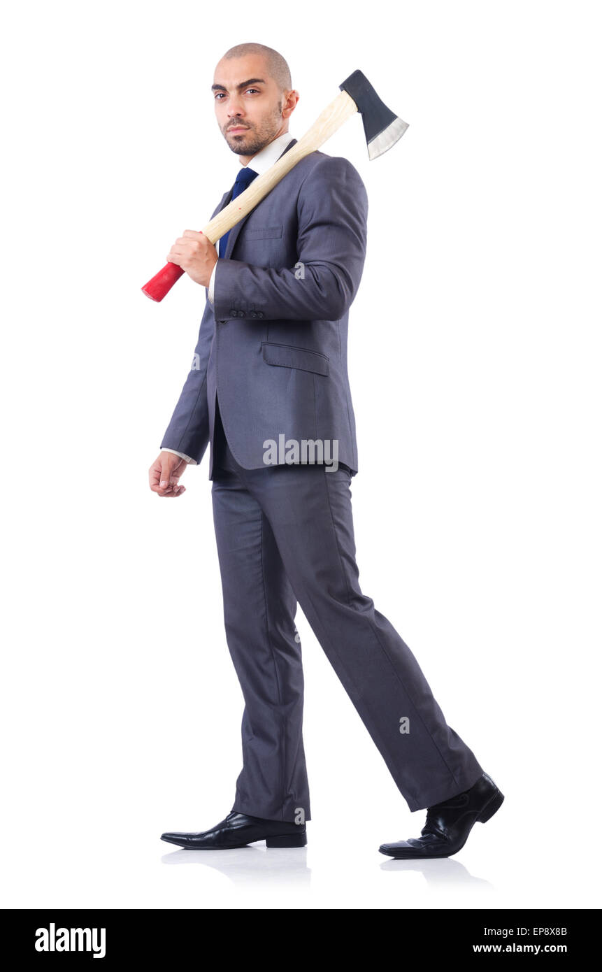 Funny businessman with axe on white Stock Photo - Alamy