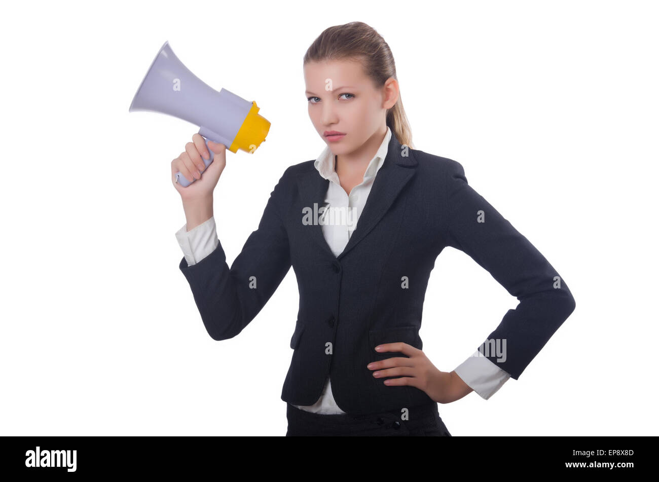 Woman with loudspeaker on white Stock Photo - Alamy