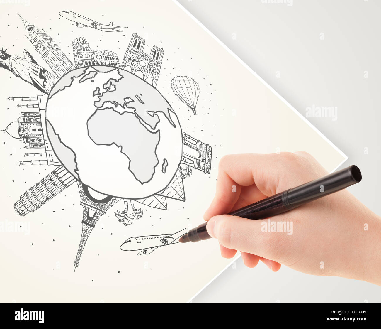 Hand drawing vacation trip around the earth with landmarks and cities ...