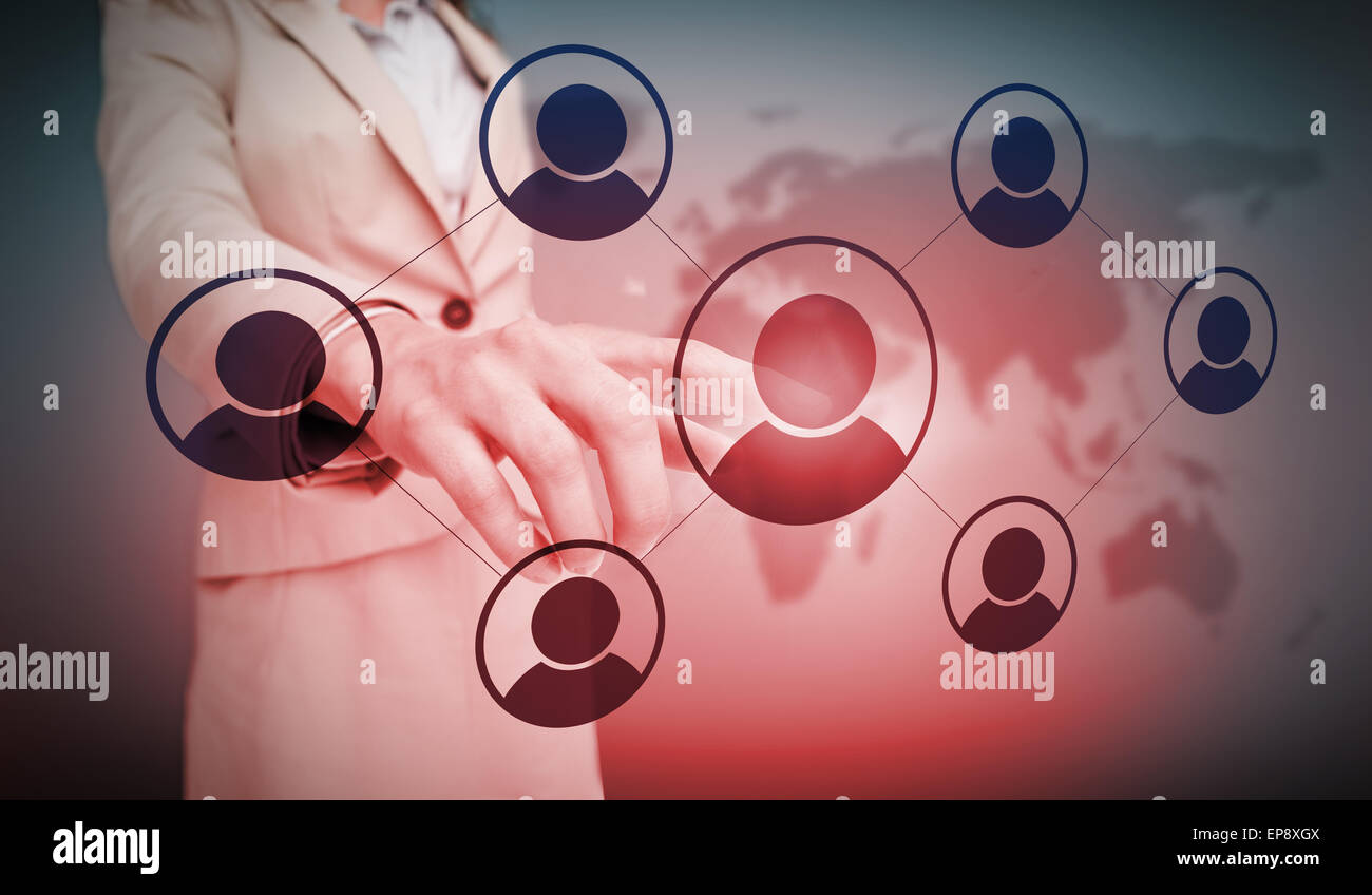 Businesswoman touching futuristic social network interface with red ...