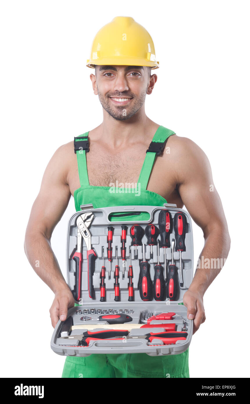 Man with toolkit isolated on the white Stock Photo - Alamy