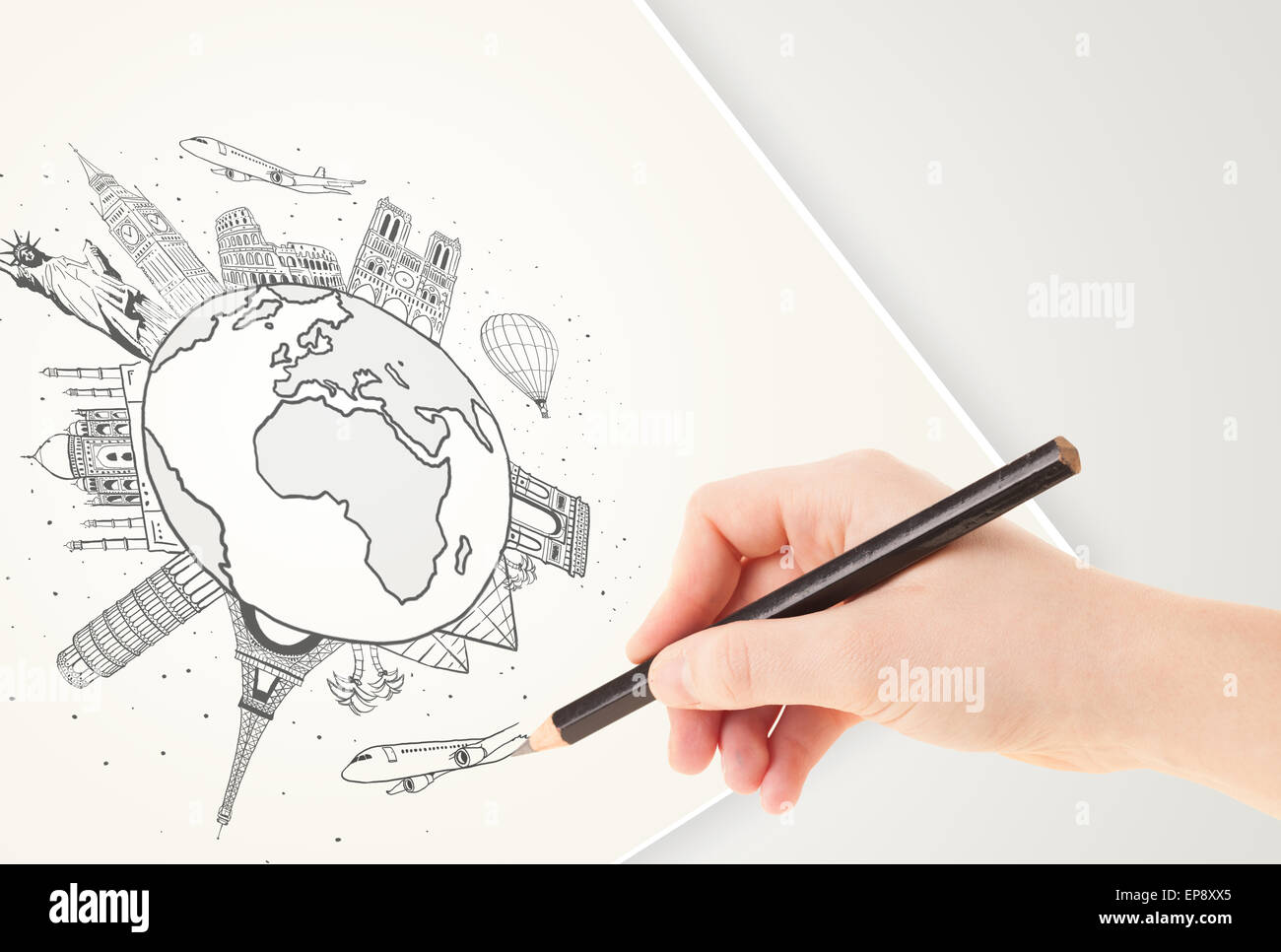 Hand drawing vacation trip around the earth with landmarks and cities ...