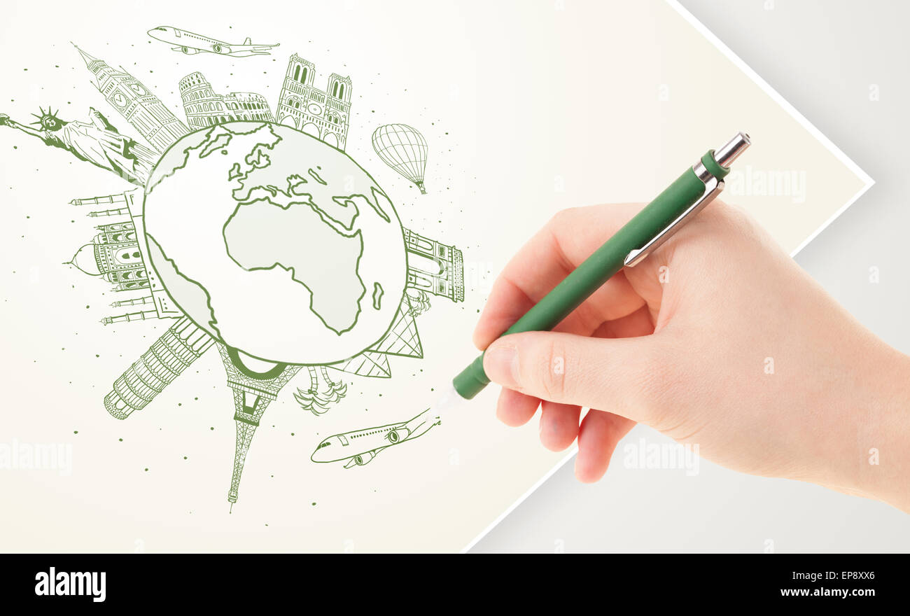 Hand drawing vacation trip around the earth with landmarks and cities ...