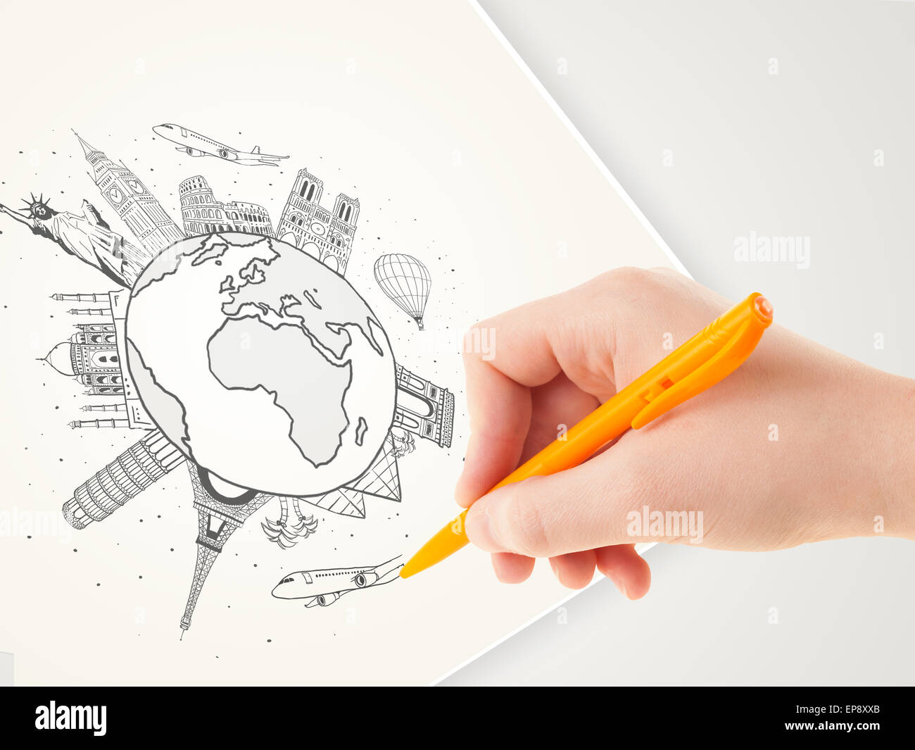 Hand drawing vacation trip around the earth with landmarks and cities ...