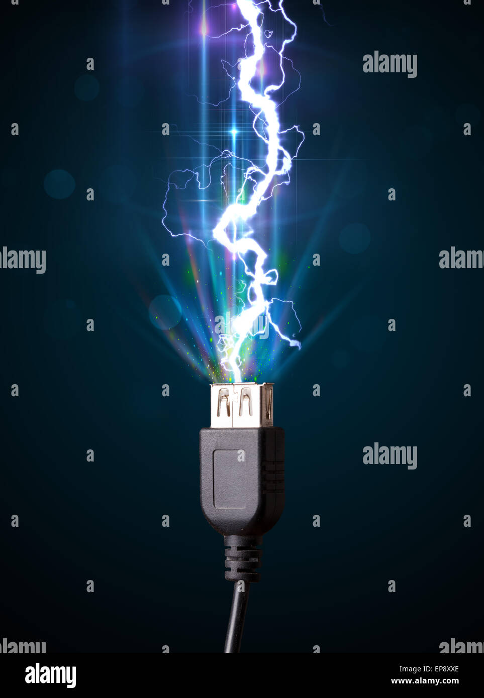 Electric cable with glowing electricity lightning Stock Photo - Alamy