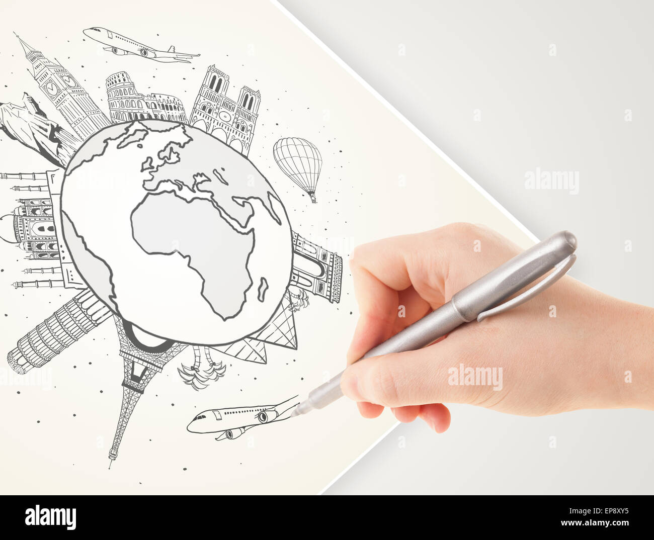 Hand drawing vacation trip around the earth with landmarks and cities ...