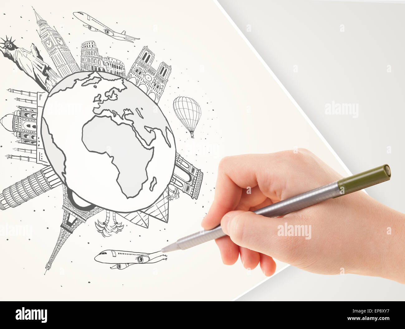 Hand drawing vacation trip around the earth with landmarks and cities ...