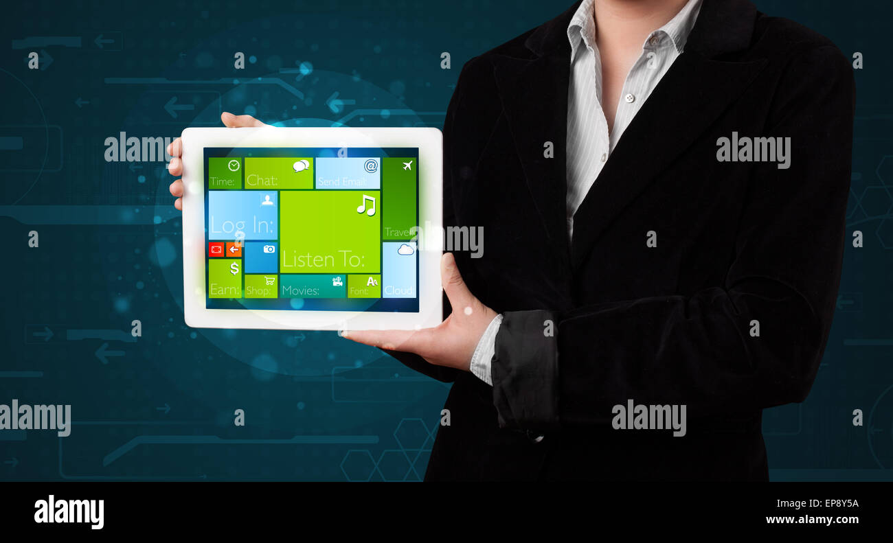 Lady holding tablet with modern software operational system Stock Photo ...