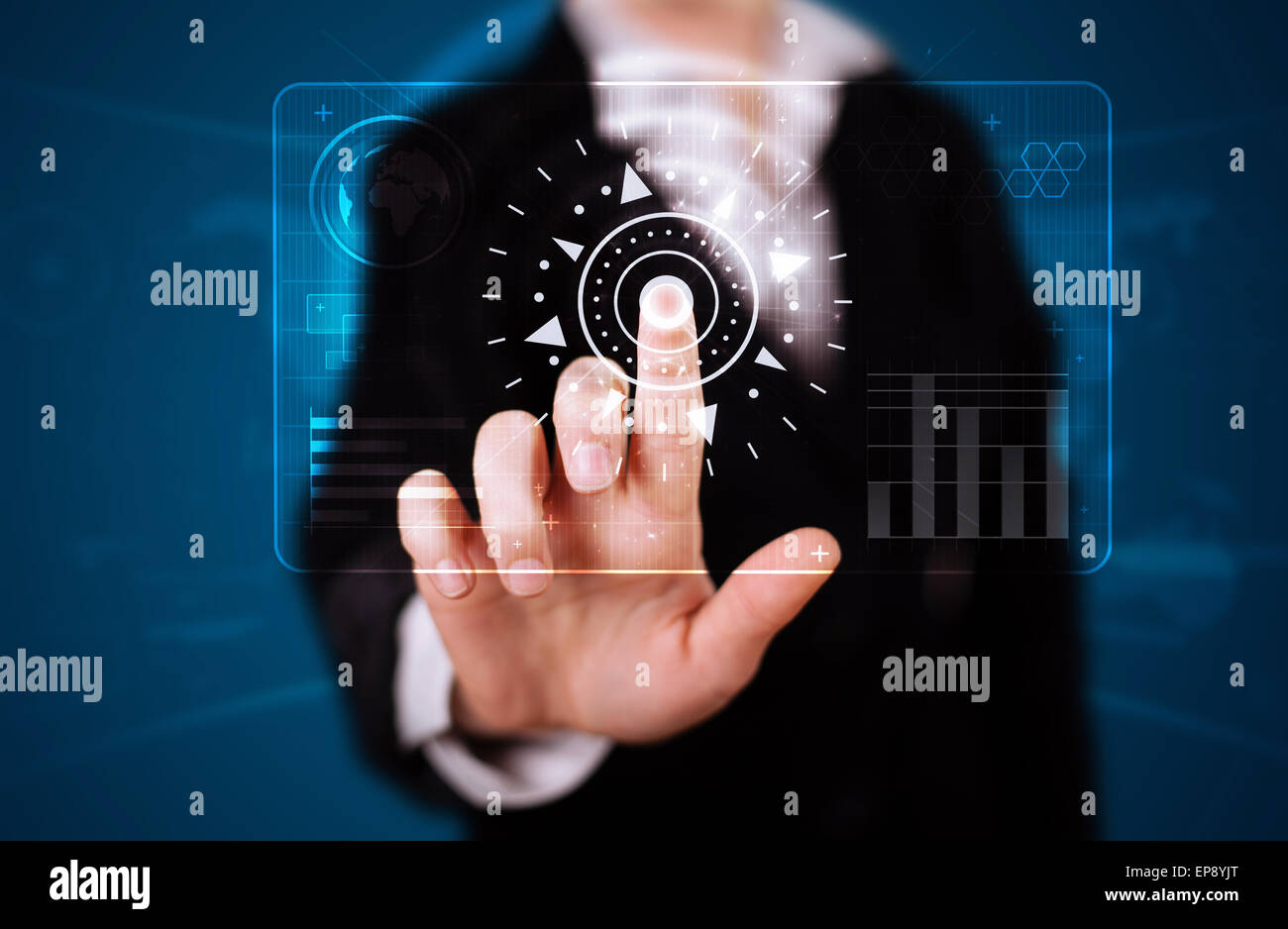 Woman pressing high tech type of modern buttons Stock Photo - Alamy