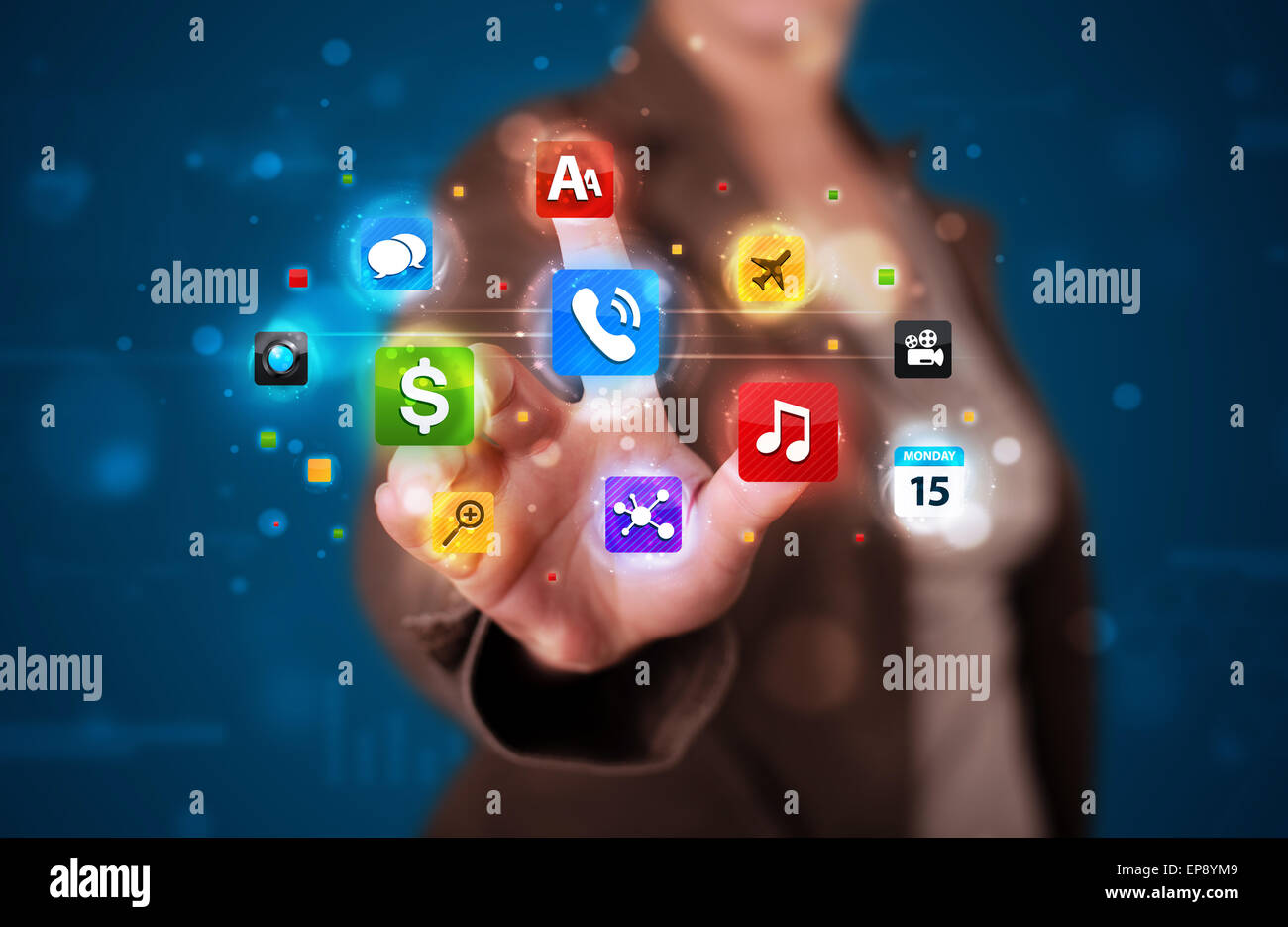 Woman pressing various collection of high tech buttons Stock Photo - Alamy