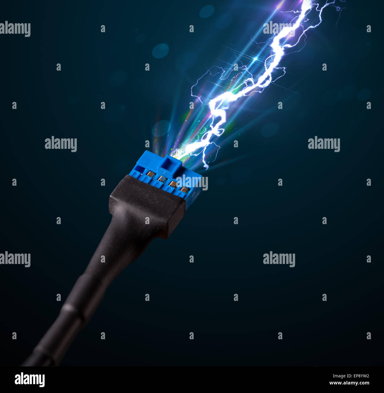 Electric cable with glowing electricity lightning Stock Photo - Alamy