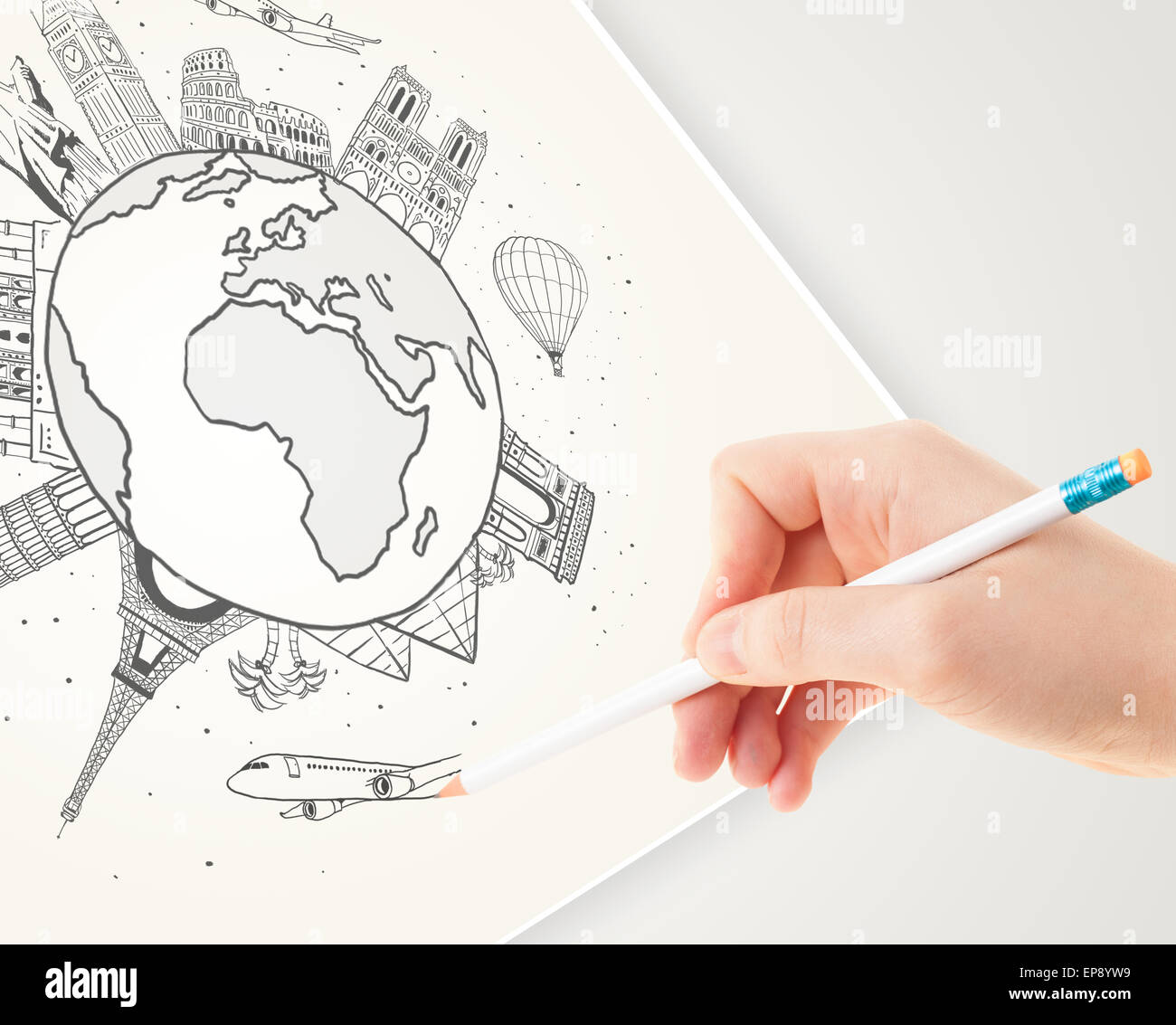 Hand drawing vacation trip around the earth with landmarks and cities ...