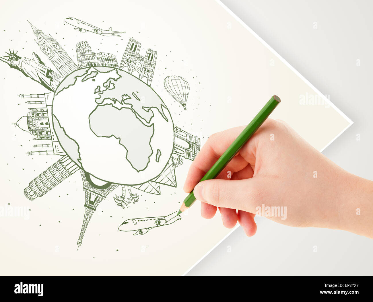 Hand drawing vacation trip around the earth with landmarks and cities ...