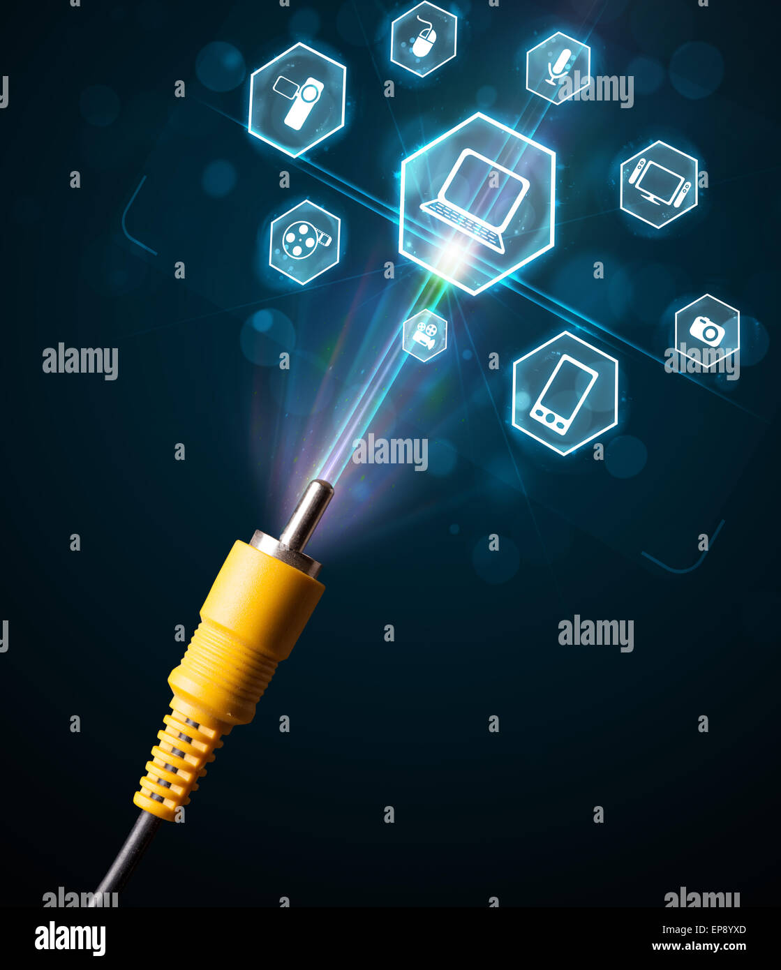 Electric cable with multimedia icons Stock Photo - Alamy