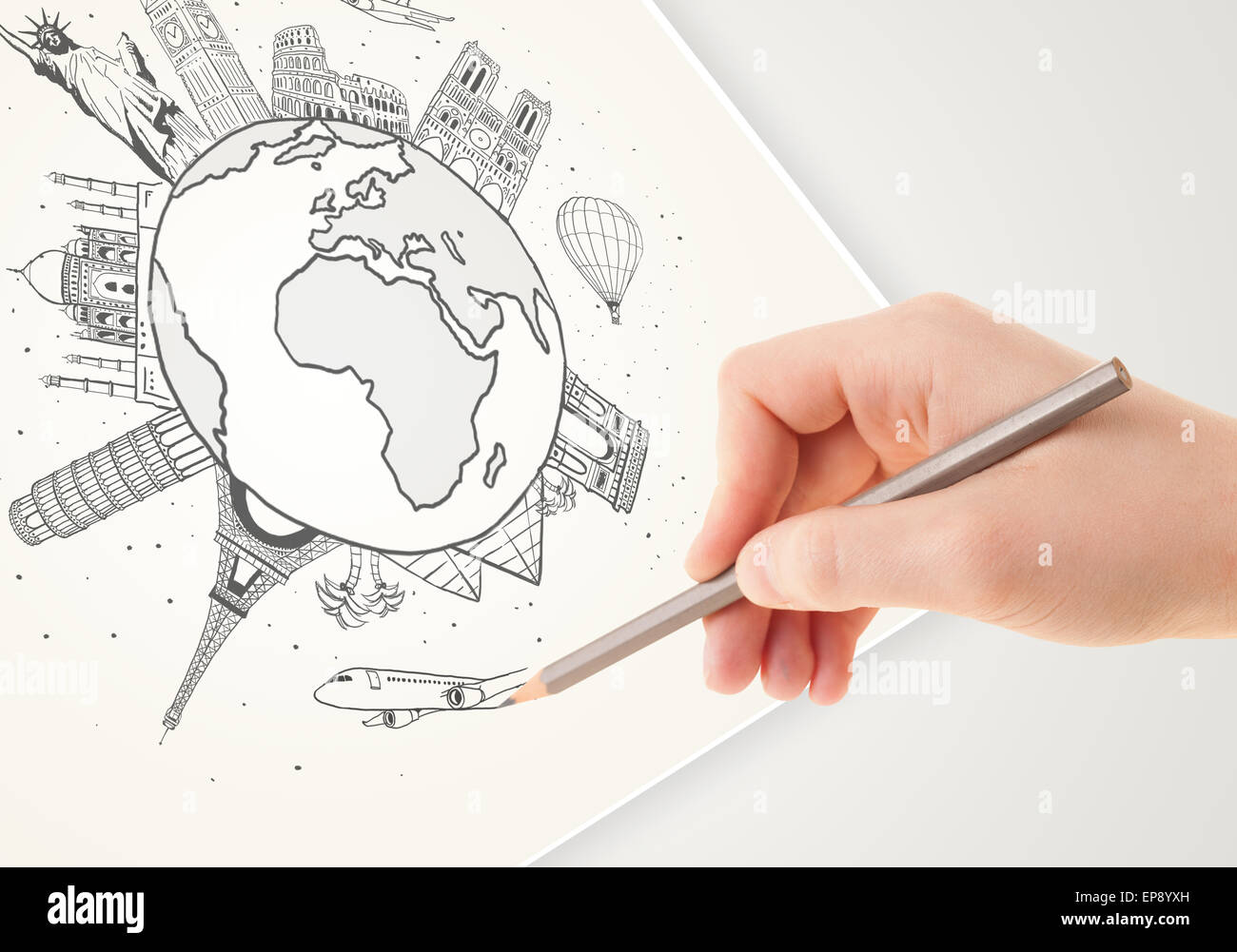 Hand drawing vacation trip around the earth with landmarks and cities ...