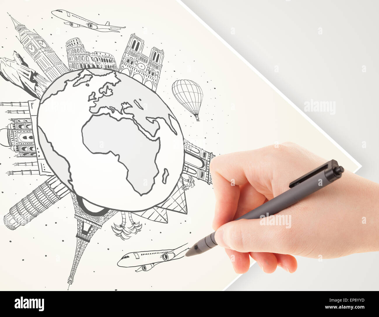 Hand drawing vacation trip around the earth with landmarks and cities ...