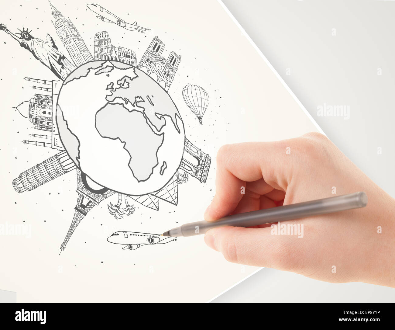 Hand drawing vacation trip around the earth with landmarks and cities ...