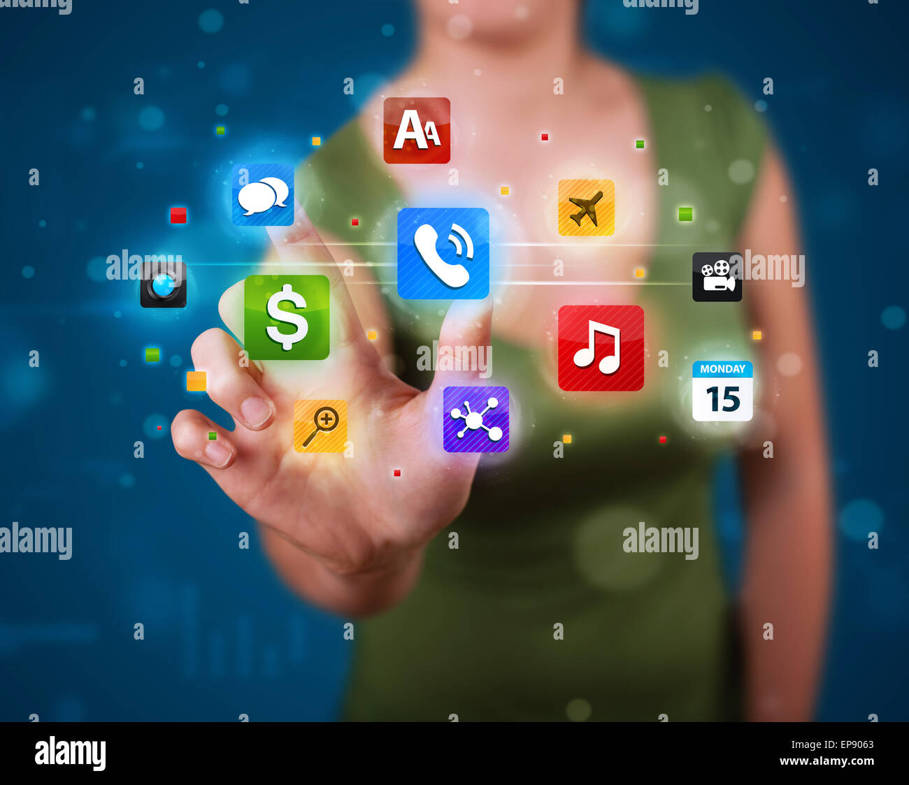 Woman pressing various collection of high tech buttons Stock Photo - Alamy