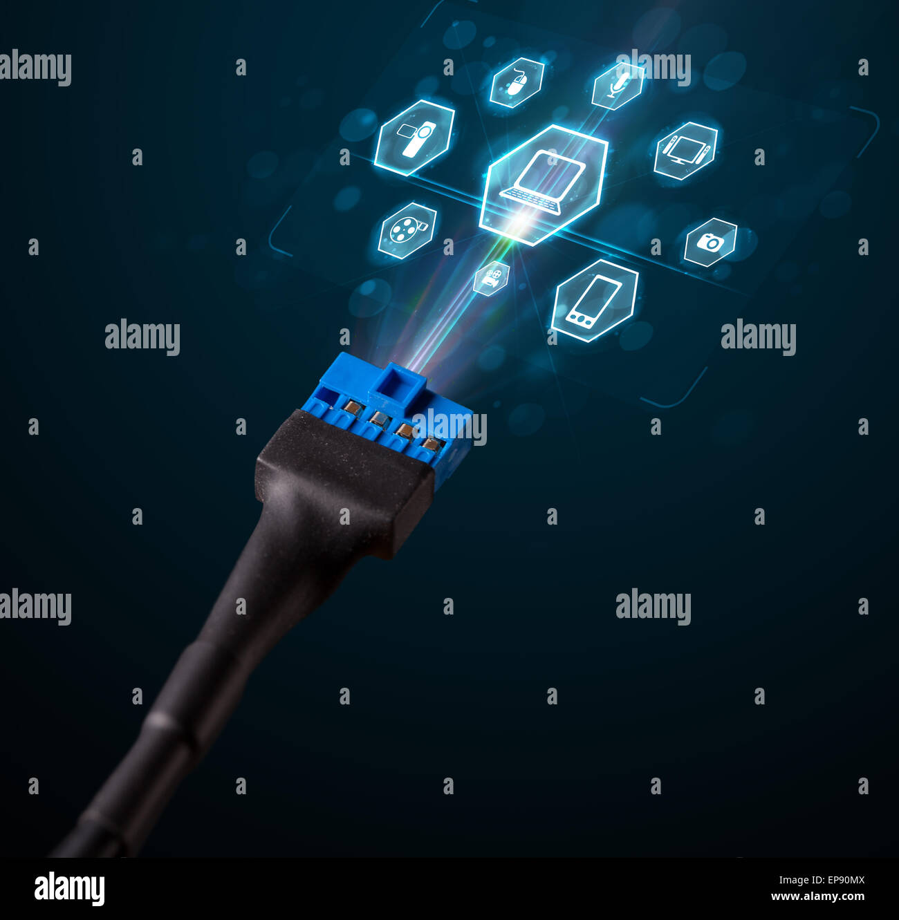 Electric cable with multimedia icons Stock Photo - Alamy