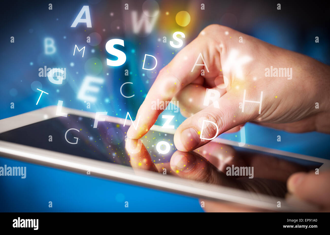 Finger pointing on tablet pc, letters concept Stock Photo - Alamy