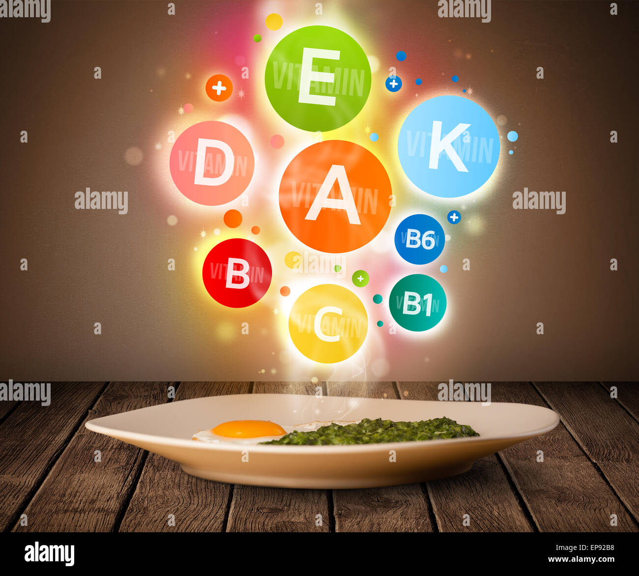 Food plate with delicious meal and healthy vitamin symbols Stock Photo ...