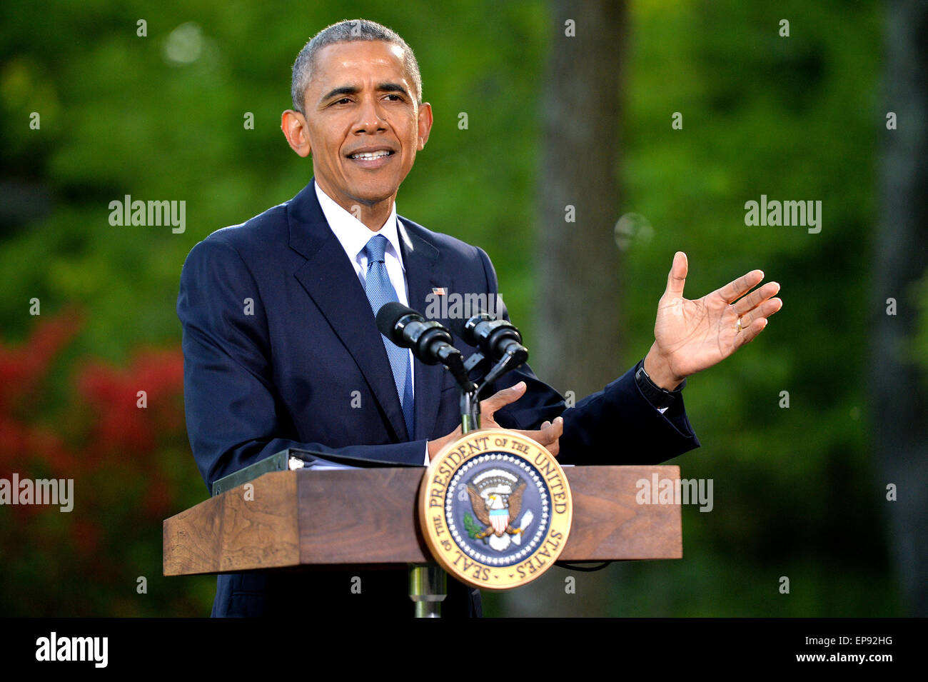 Camp David, USA. 14th May, 2015. United States President Barack Obama ...