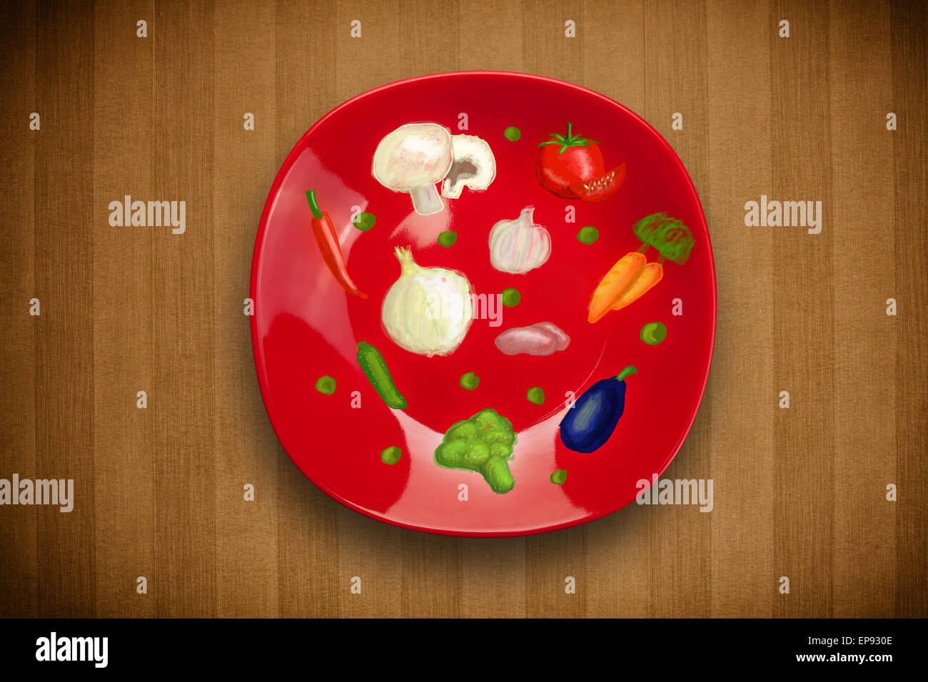 Colorful plate with hand drawn icons, symbols, vegetables and fruits ...